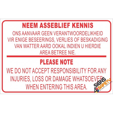 Nosa / SABS (NR2) Neem Asseblief Kennis / Please Note Disclaimer Sign