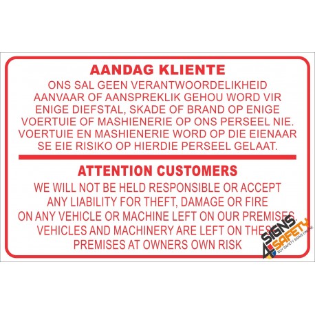 Nosa / SABS (NR5) Geen Aanspreeklikheids Teken / No Liability ...